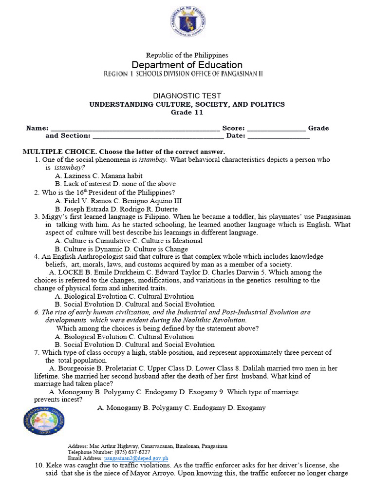 Grade 11 - Ucsp - Diagnostic Test | PDF | Evolution | Governance