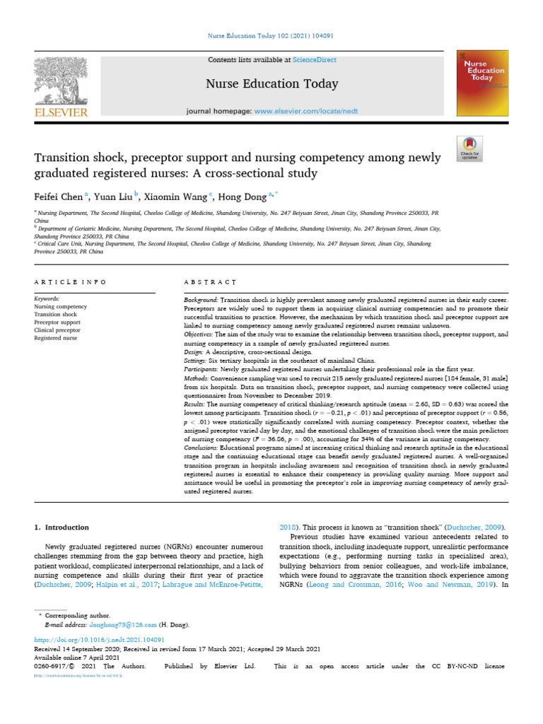 Transition Shock, Preceptor Support and Nursing Competency Among Newly ...