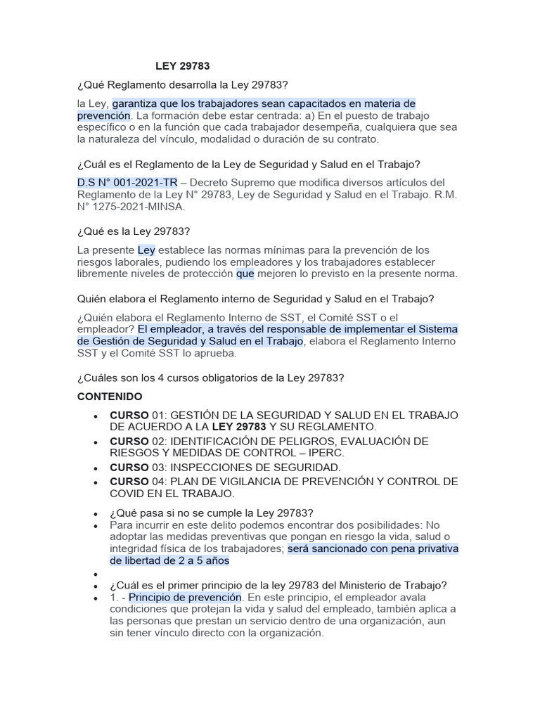 LEY 29783 SST | PDF | Seguridad y salud ocupacional | Valores