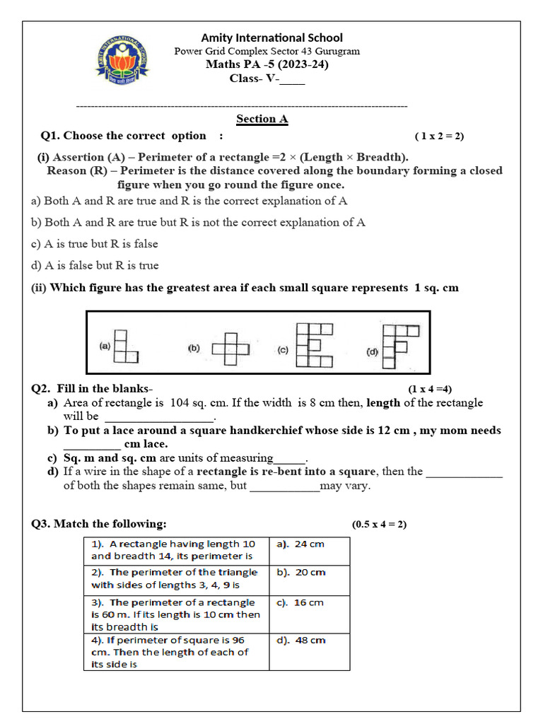 Class-V - Maths PA - 5 (23-24) | PDF | Area | Length