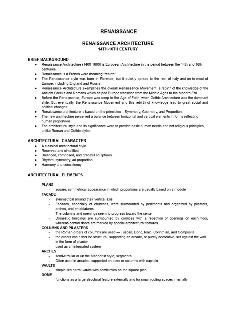 (NOTES) RENAISSANCE ARCHITECTURE - History of Architecture | PDF ...