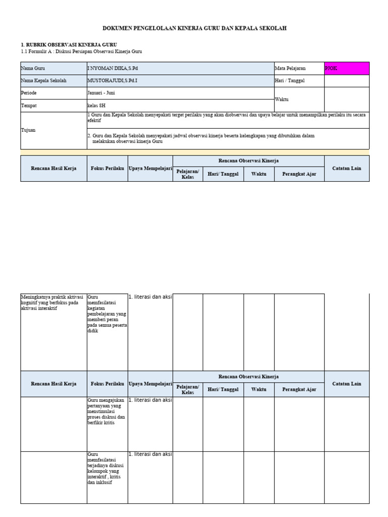 Form Observasi Kinerja Guru (CONTOH ISI) | PDF