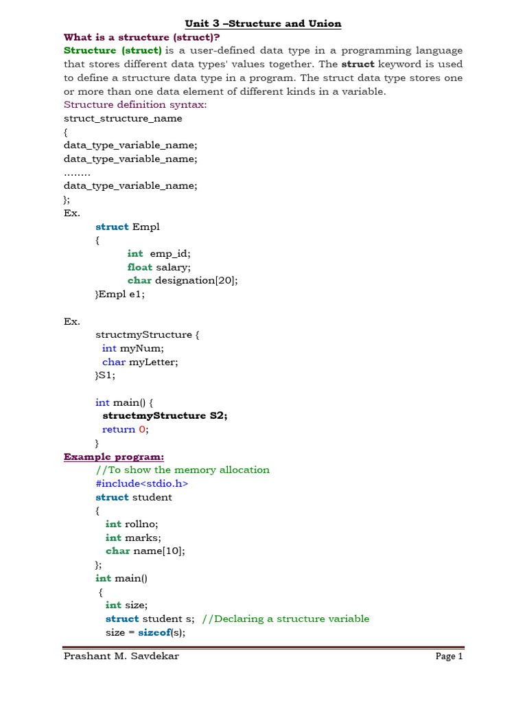FYBCA Sem 2 C Lang Unit 3 - Structure and Union | Download Free PDF | Parameter (Computer ...