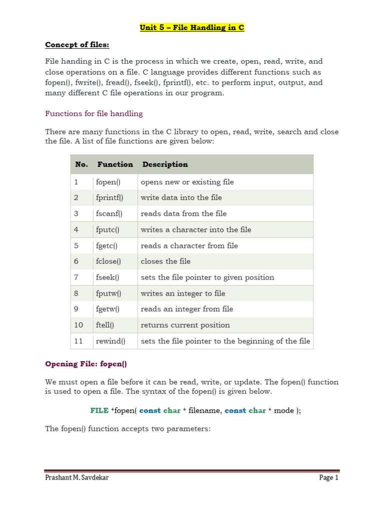 FYBCA Sem 2 C Lang Unit 5-File Handling | PDF | Pointer (Computer Programming) | Text File