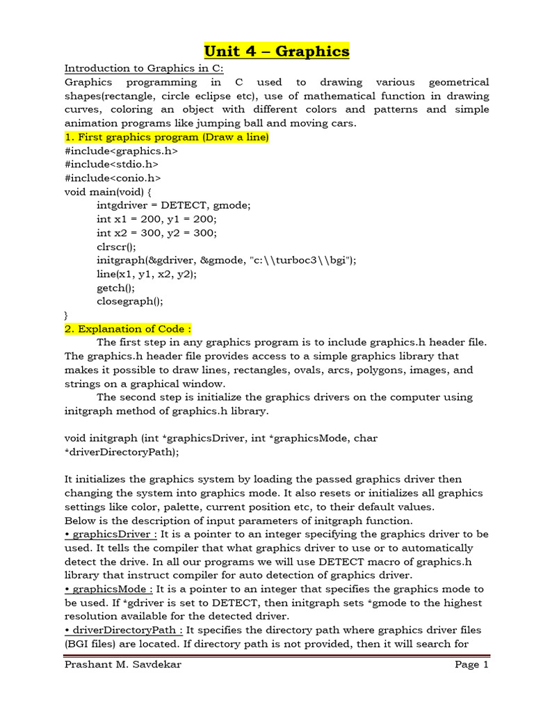 FYBCA Sem 2 C Lang Unit 4 - Graphics | PDF | Programming | Computer Program