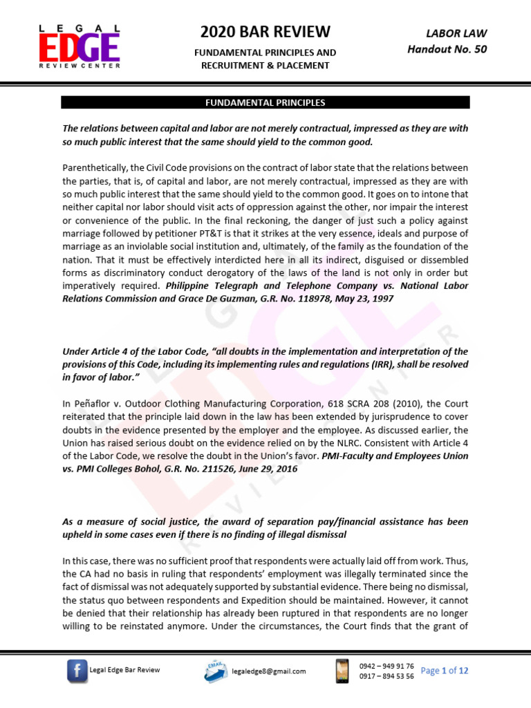 HO 50 Labor Law Fundamental Principles Recruitment Placement | PDF ...