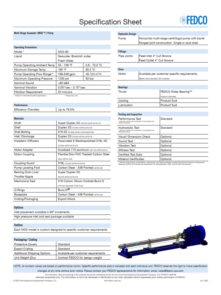 Fedco Mss 90 Spec Sheet | PDF | Pump | Mechanical Engineering