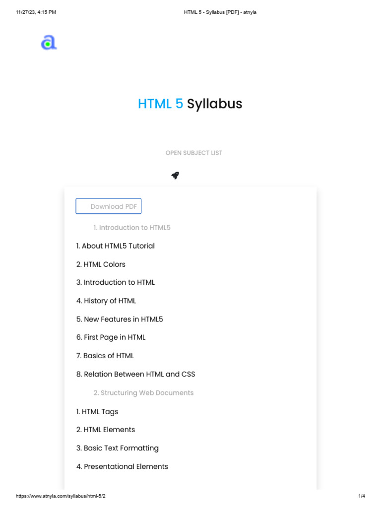 HTML 5 - Syllabus (PDF) - Atnyla | PDF | Html | Html Element HTML 5 - Syllabus (PDF) - Atnyla | PDF | Html | Html Element
