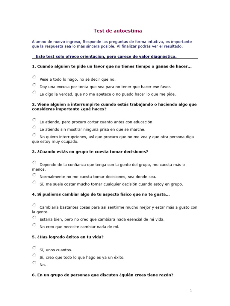 Test de Autoestima | PDF | Autoestima | Verdad