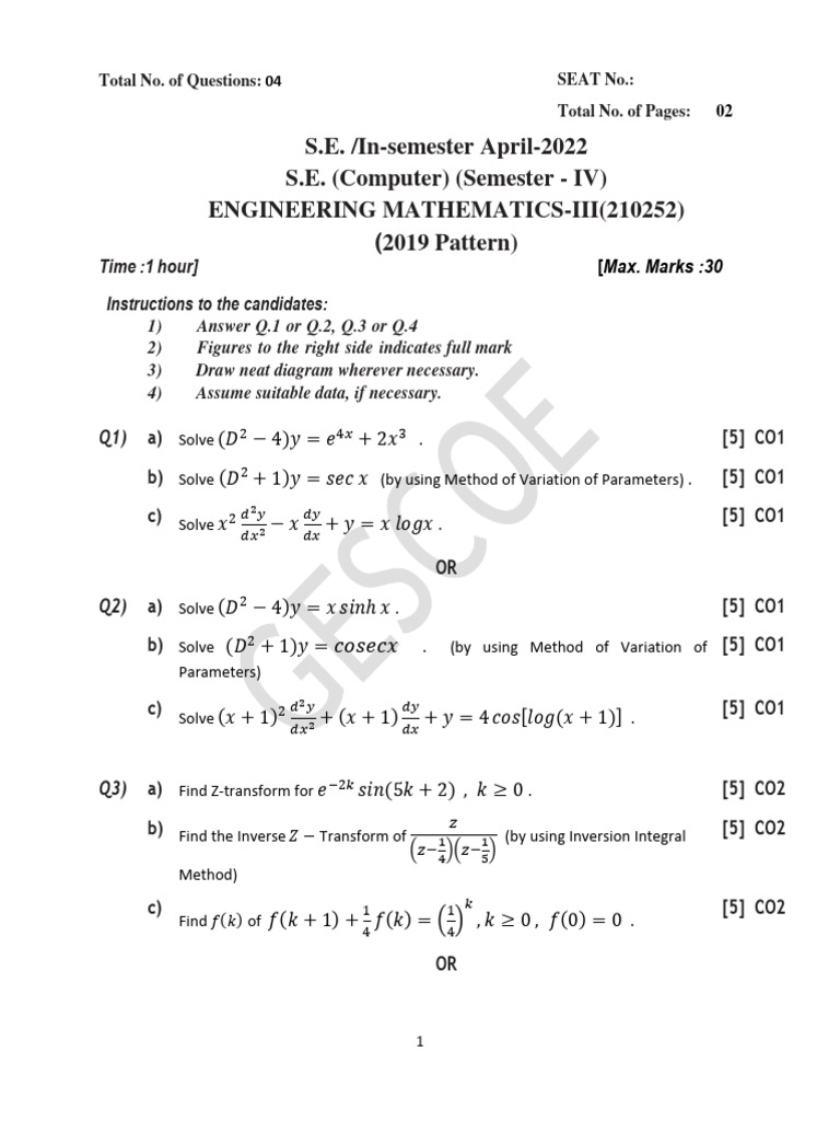 SE Comp IV InSem PYQPapers | PDF | Applied Mathematics