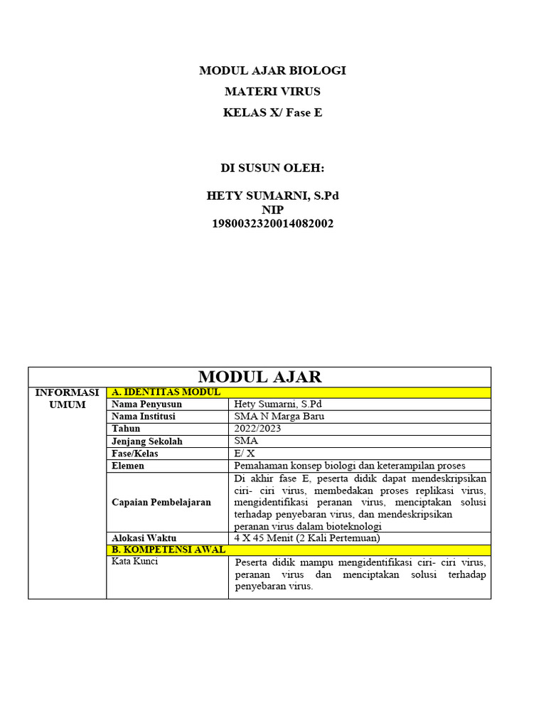 Modul Ajar Virus - Hety Sumarni - Biologi | PDF | Sains & Matematika