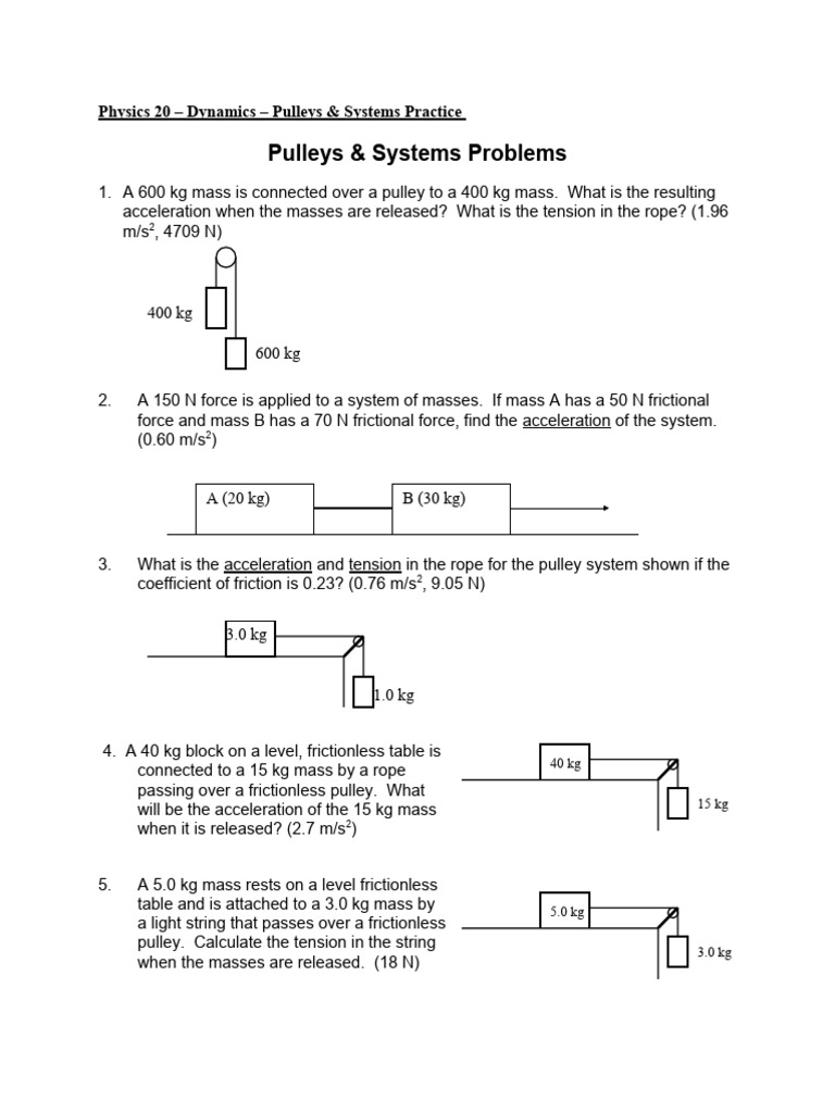 Physics Dynamics: Pulleys Practice | PDF | Tension (Physics) | Force