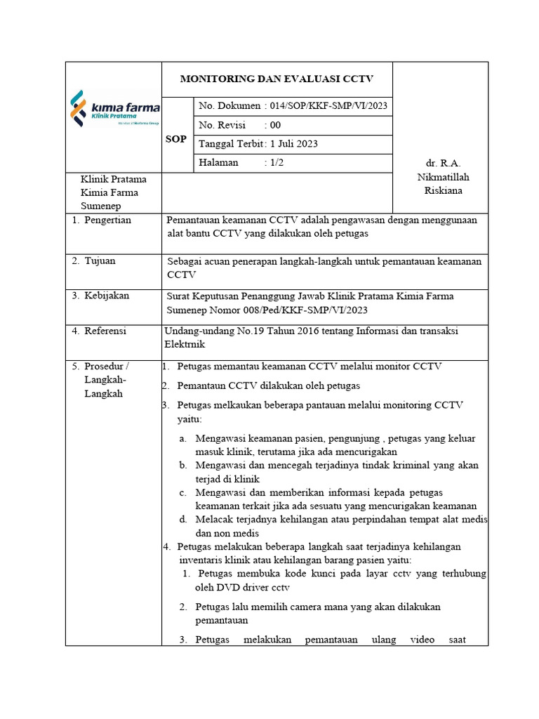 Sop Monitoring Dan Evaluasi CCTV | PDF | Teknologi & Rekayasa