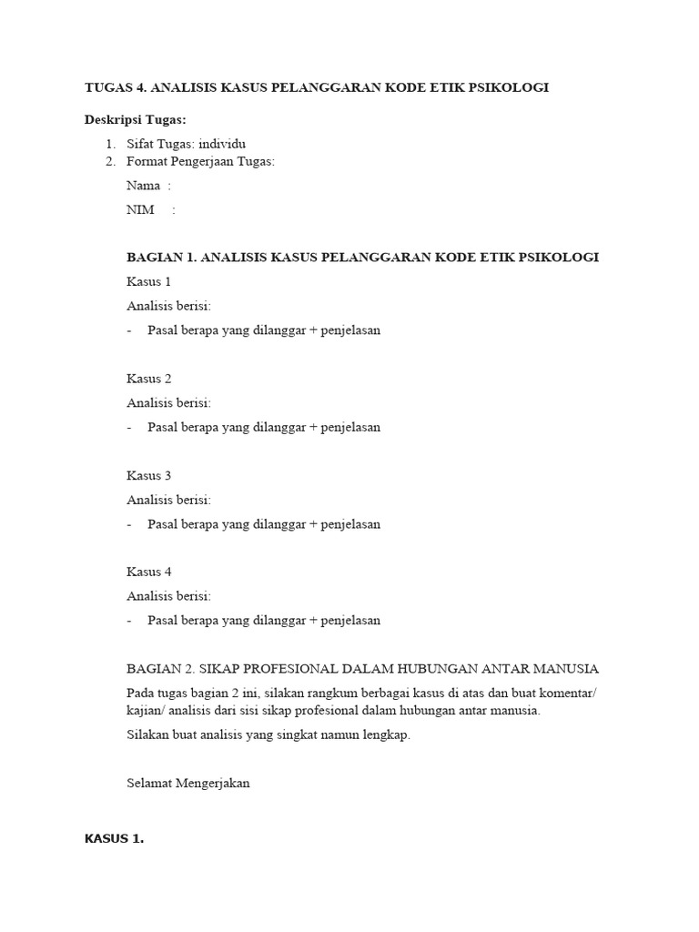 TUGAS 4. Kasus Pelanggaran Kode Etik Psikologi | PDF