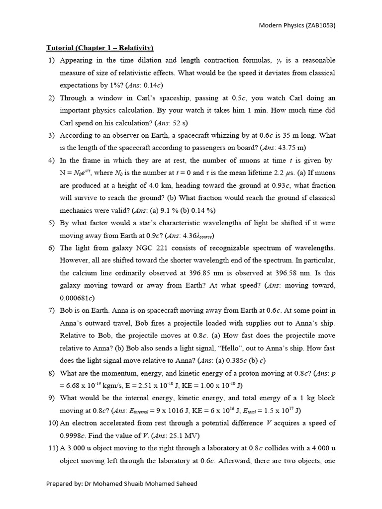Tutorial 1 - Chapter 1 - Modern Physics | PDF | Kinetic Energy | Special Relativity