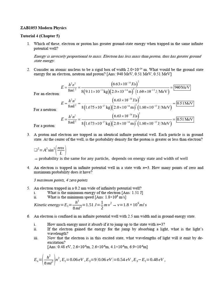 Modern Physics: Infinite Potential Well Analysis | PDF | Proton | Electron