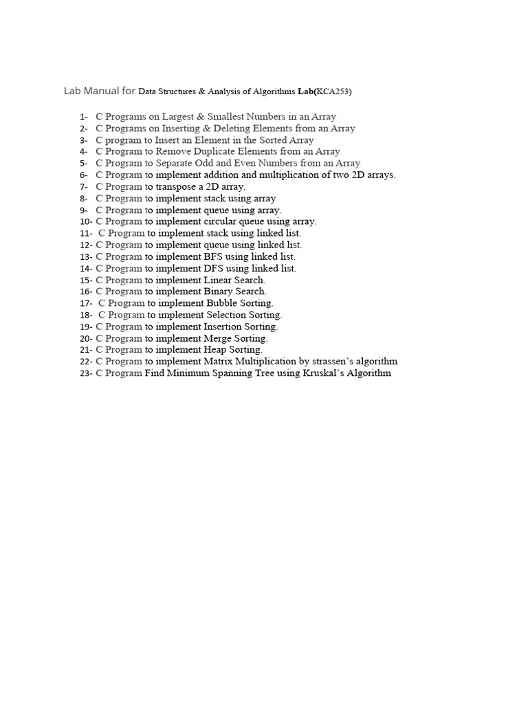 Data Structure Lab (KCA253) | PDF