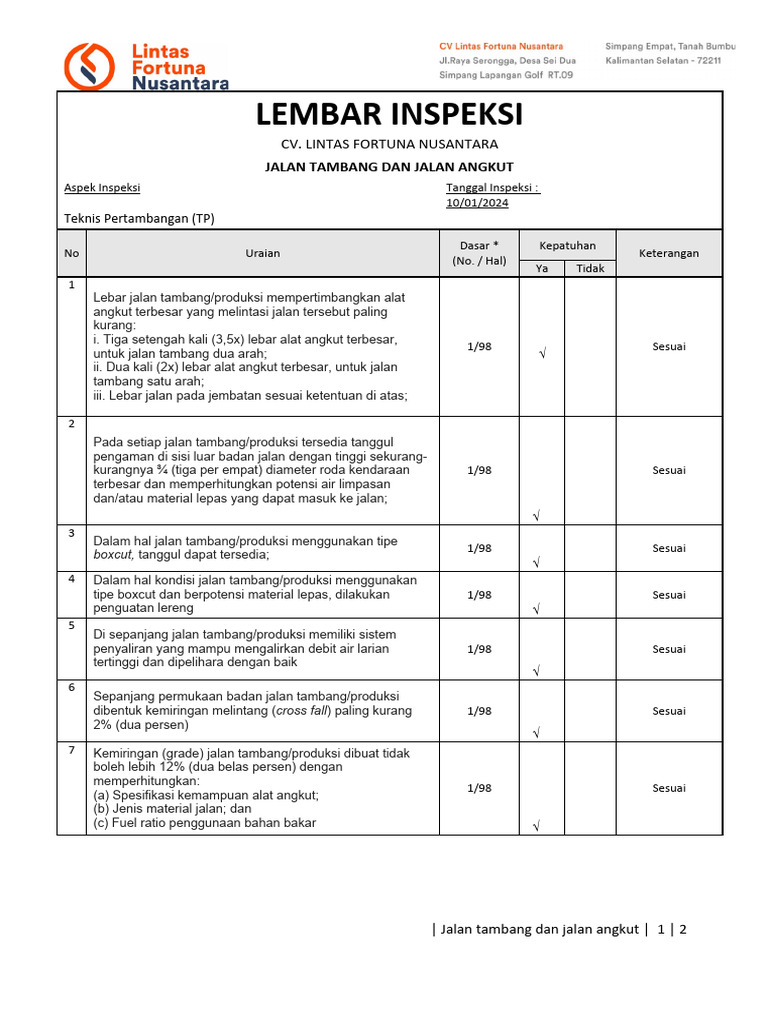 Lembar Inspeksi - TP - Jalan Tambang Dan Jalan Angkut | PDF