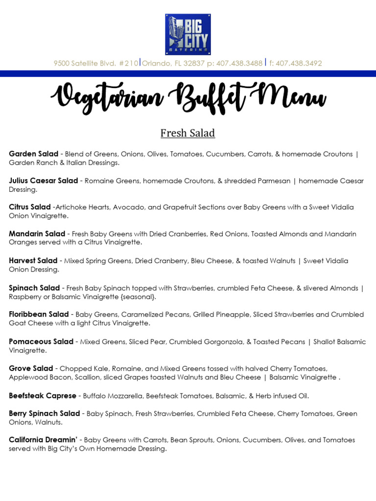 Vegetarian Buffet Menu | PDF | Salad | Pasta