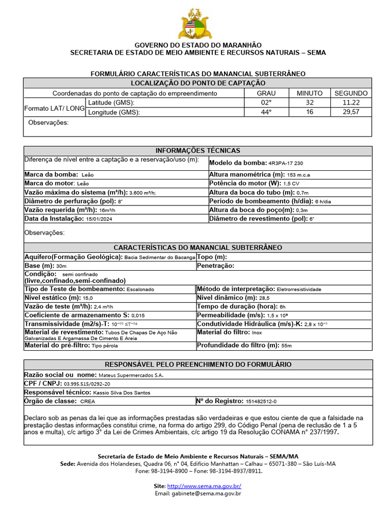 Formulário de Captação de Água SEMA MA | PDF | Geociências