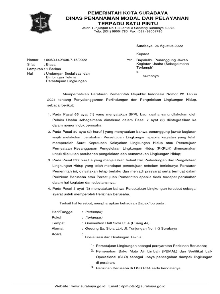 Undangan Sosialisasi Persetujuan Lingkungan 31 Agt - 1 Sept-1 | PDF