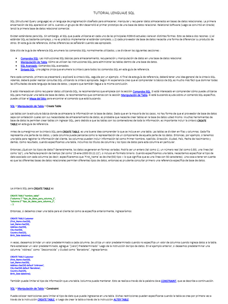 Tutorial Lenguaje SQL | PDF | SQL | Bases de datos