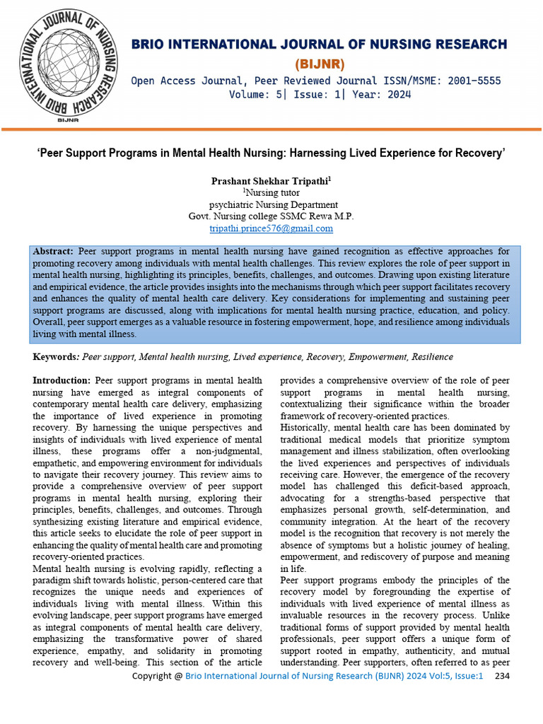 Peer Support Programs in Mental Health Nursing: Harnessing Lived ... Peer Support Programs in Mental Health Nursing: Harnessing Lived ...