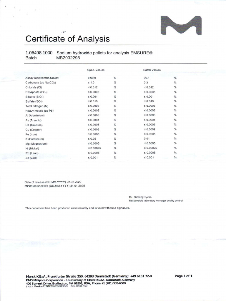 COA Sodium Hydroxide | PDF