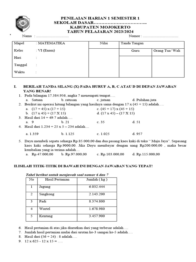 Soal PH MTK 1 | PDF | Metode & Bahan Ajar