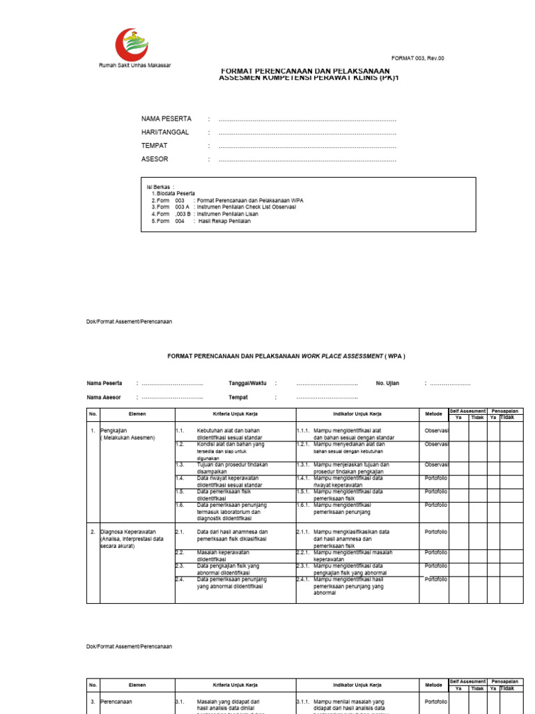 Form Assesmen PK 1 | PDF