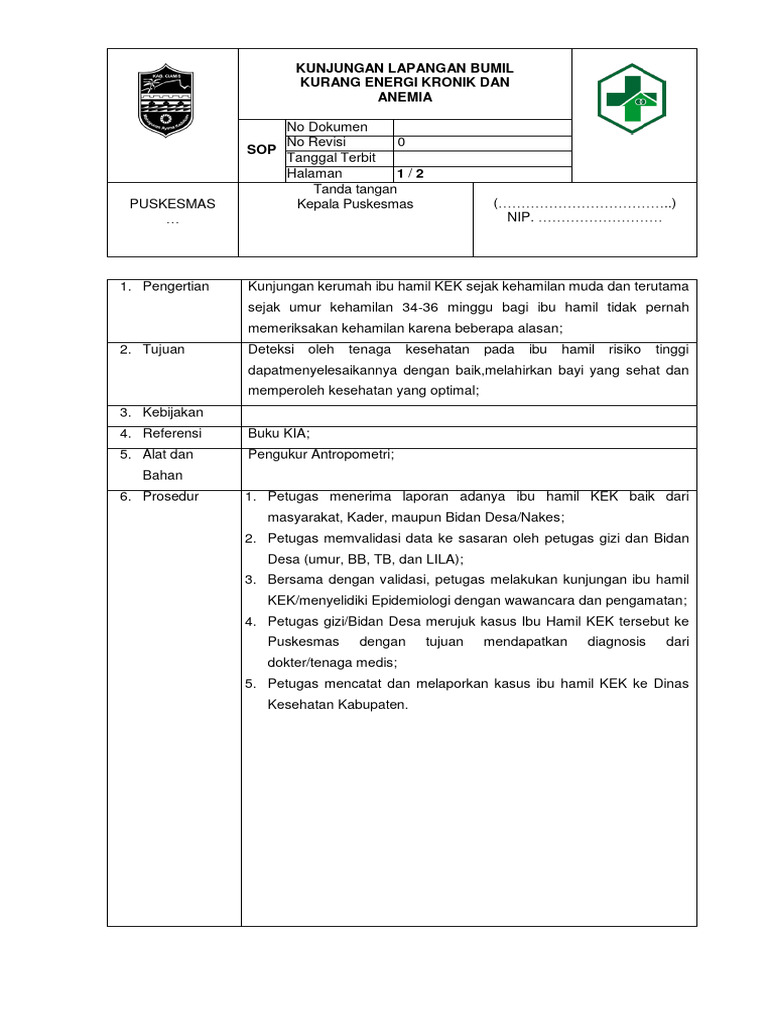 SOP Kunjungan Lapangan Bumil Kurang Energi Kronik Dan Anemia | PDF SOP Kunjungan Lapangan Bumil Kurang Energi Kronik Dan Anemia | PDF