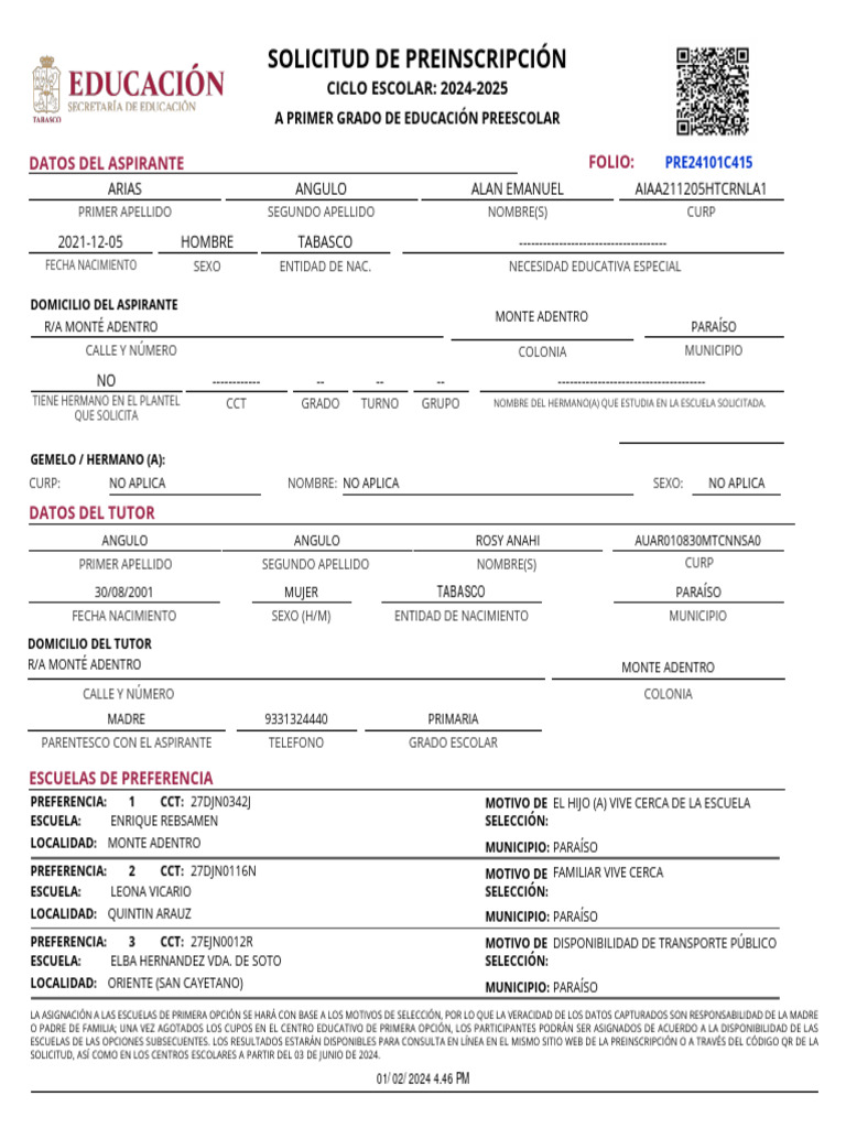 Preinscripcion - Pre24101c415 2 | PDF