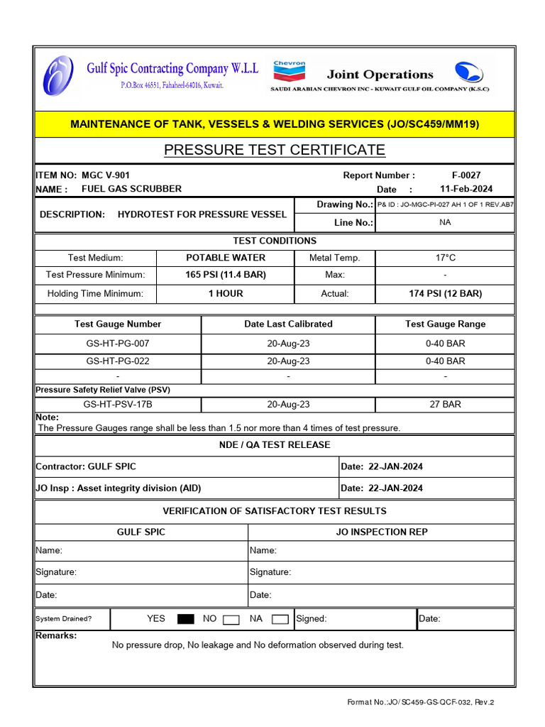 13 Pressure Test Report | PDF | Manufactured Goods | Equipment