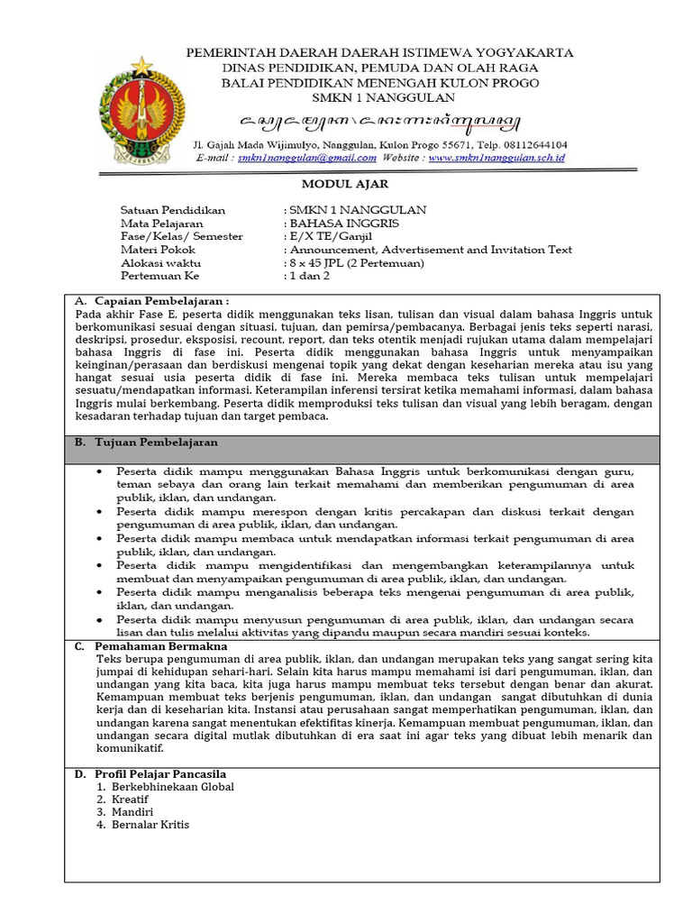 Modul Ajar Announcement, Advertisement and Invitation (1) X | PDF