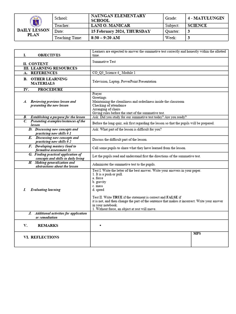 DLP in Science 4 Q3 W3 D4 (Feb. 15) | PDF | Education Theory | Learning