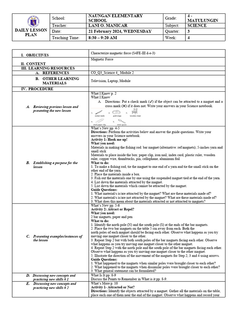 DLP in Science 4 Q3 W4 D3 (Feb. 21) | PDF | Magnet | Magnetism