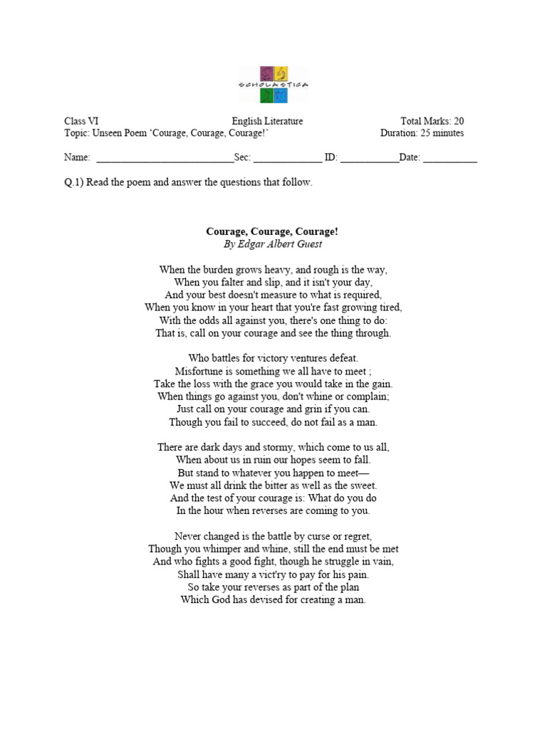 1 Rukhsar Sanjaree - Class VI Eng Lit Unseen Poem - Courage Courage ...