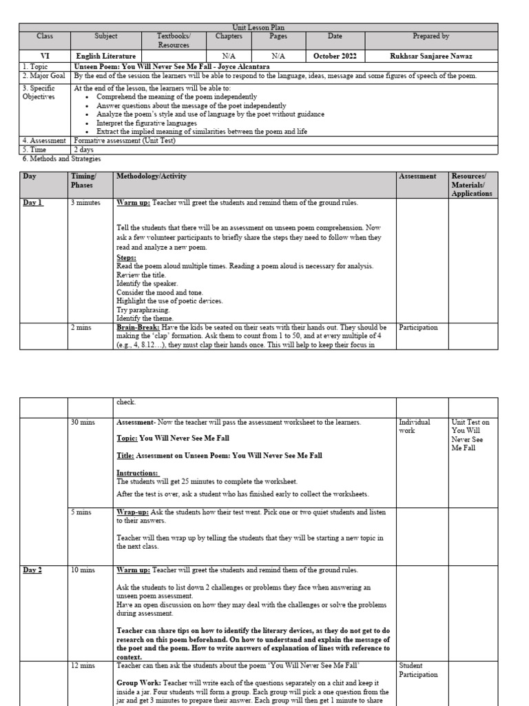 1rukhsar Sanjaree - Class VI Eng Lit Unseen Poem - You Will Never See Me Fall ULP 2022 | PDF ...