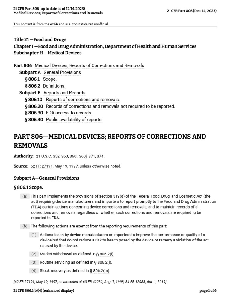 21 CFR Part 806 (Up To Date As of 12-14-2023) | PDF | Federal Food ...