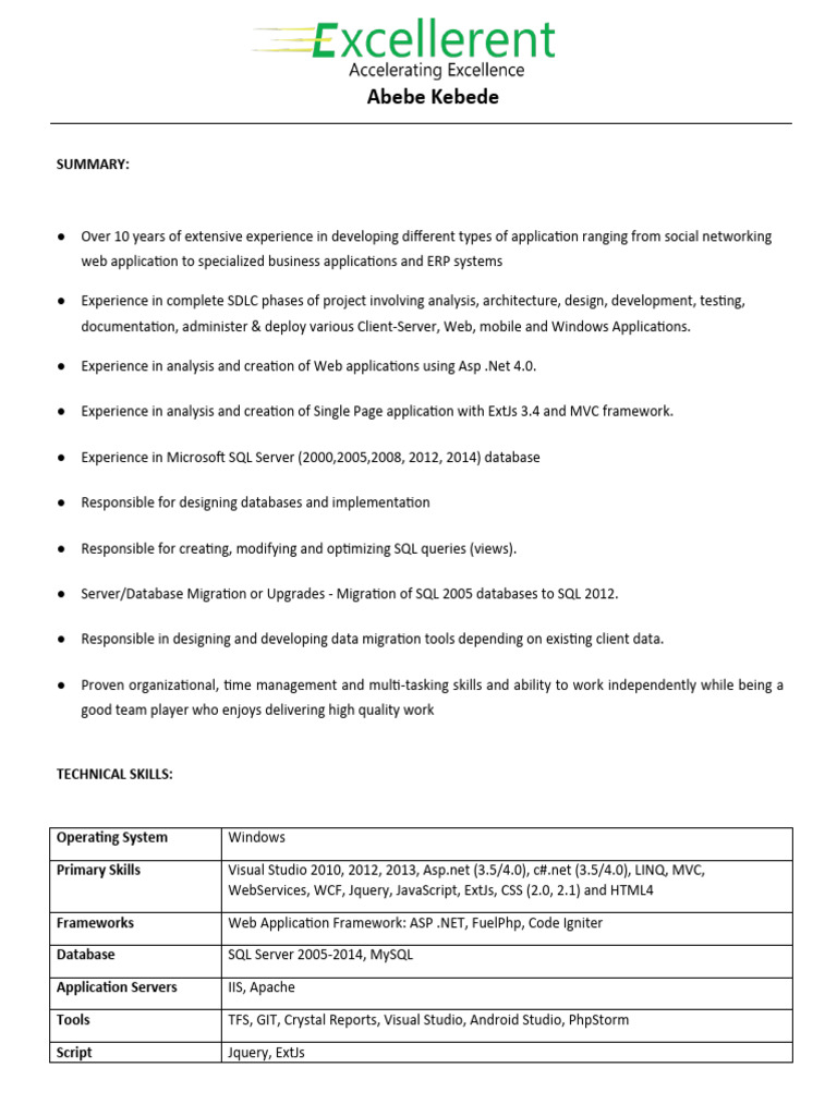 Sample CV - Excellerent Technology Solutions | PDF | Microsoft Sql Server | Databases