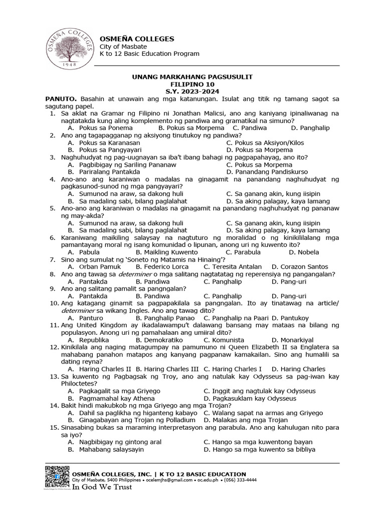 Ika-Unang Markahang Pagsusulit Sa Filipino | PDF