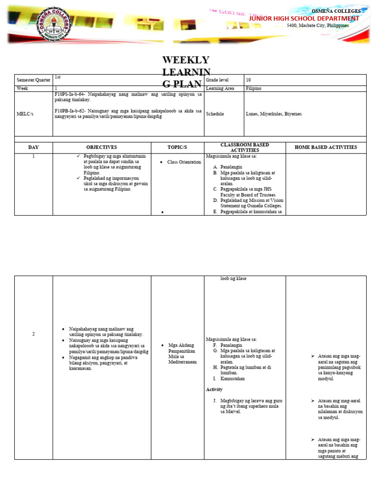 Weekly Learning Plan Format in Filipino 10 | PDF