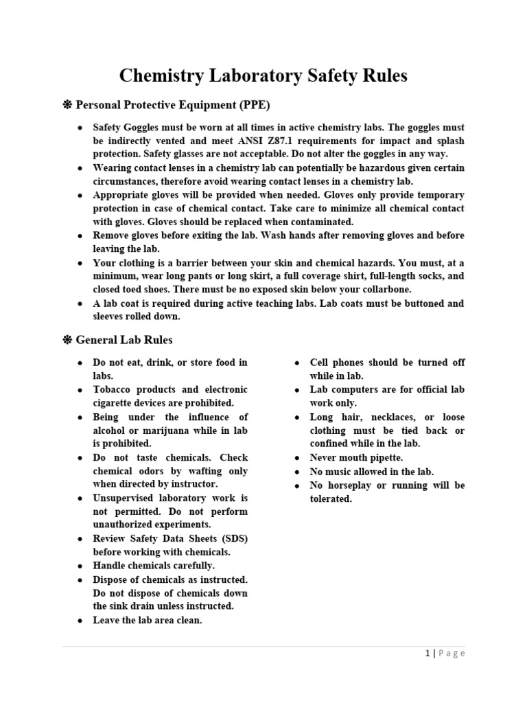 Chemistry Laboratory Safety Rules | PDF | Laboratories | Glove