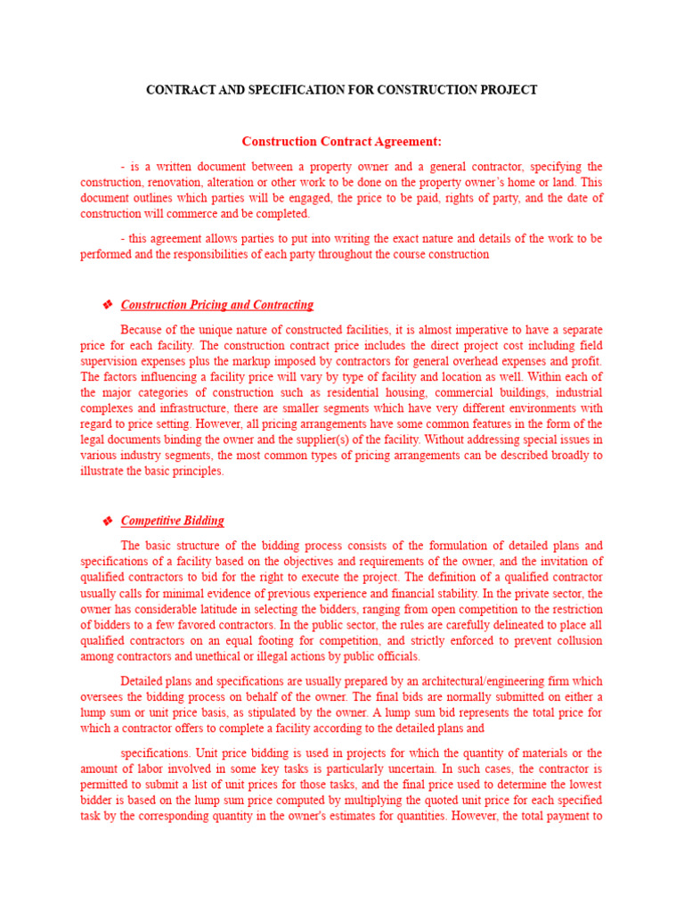 Contract and Specification For Construction Project | PDF | Employment ...