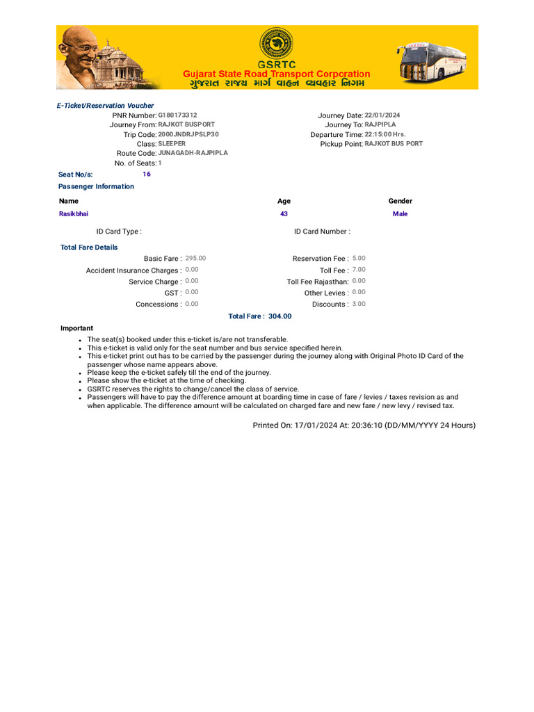 GSRTC Rajkot to Junagadh Ticket Details | PDF