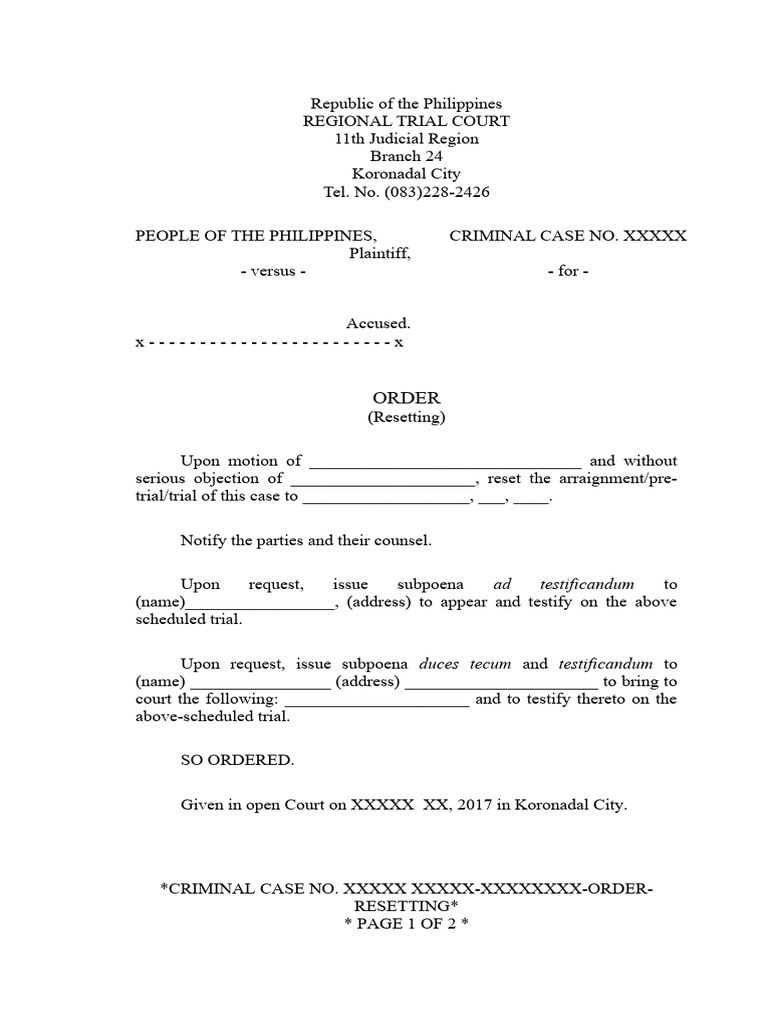 Criminal Case No. XXXXX Xxxxx-xxxxxxxx-Order-resetting | PDF