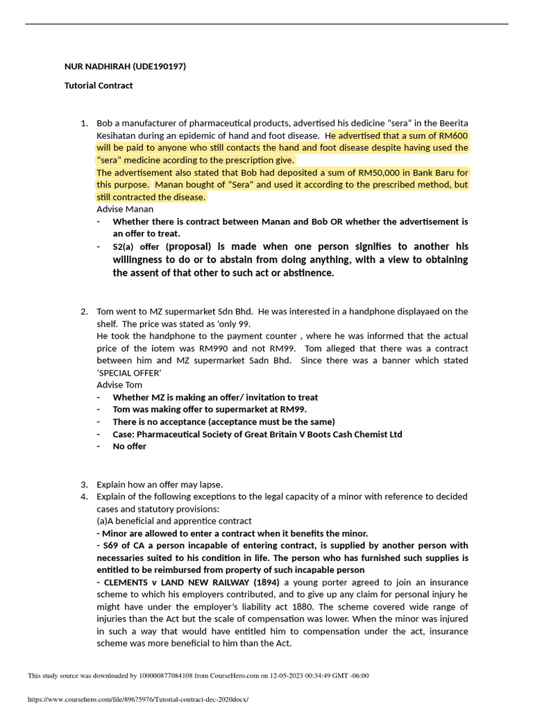 Tutorial Contract Dec 2020 | Download Free PDF | Consideration | Common Law