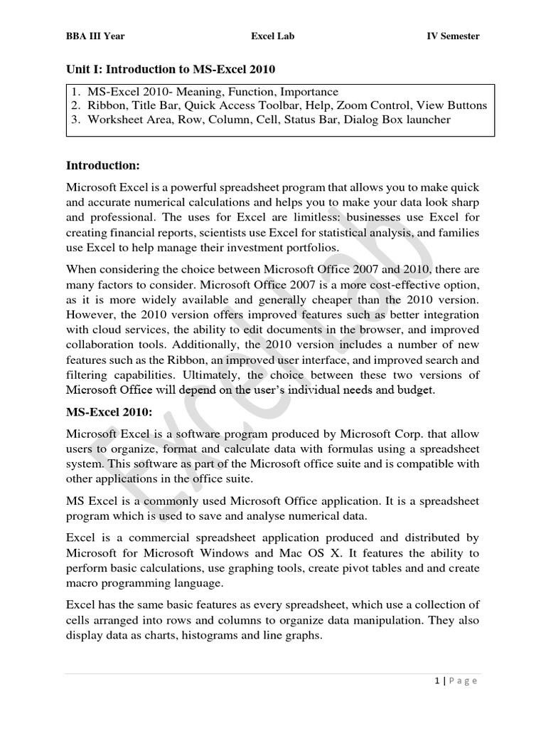 Unit I Introduction To MS-Excel | PDF | Microsoft Excel | Spreadsheet