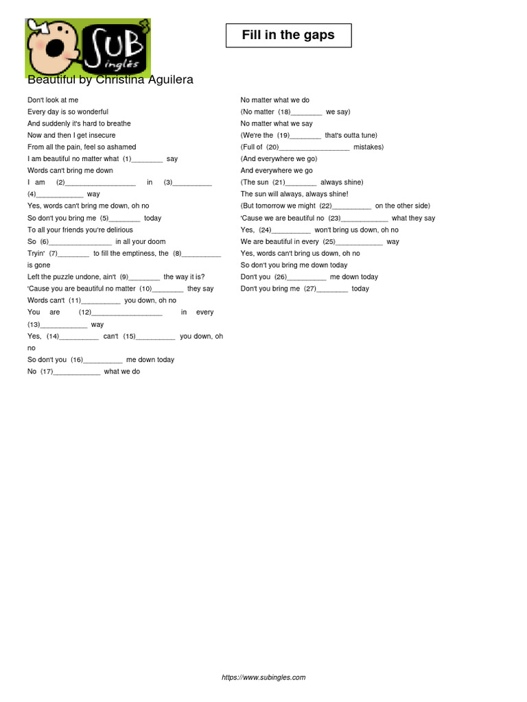 Fill in the Gaps: "Beautiful" Lyrics | PDF