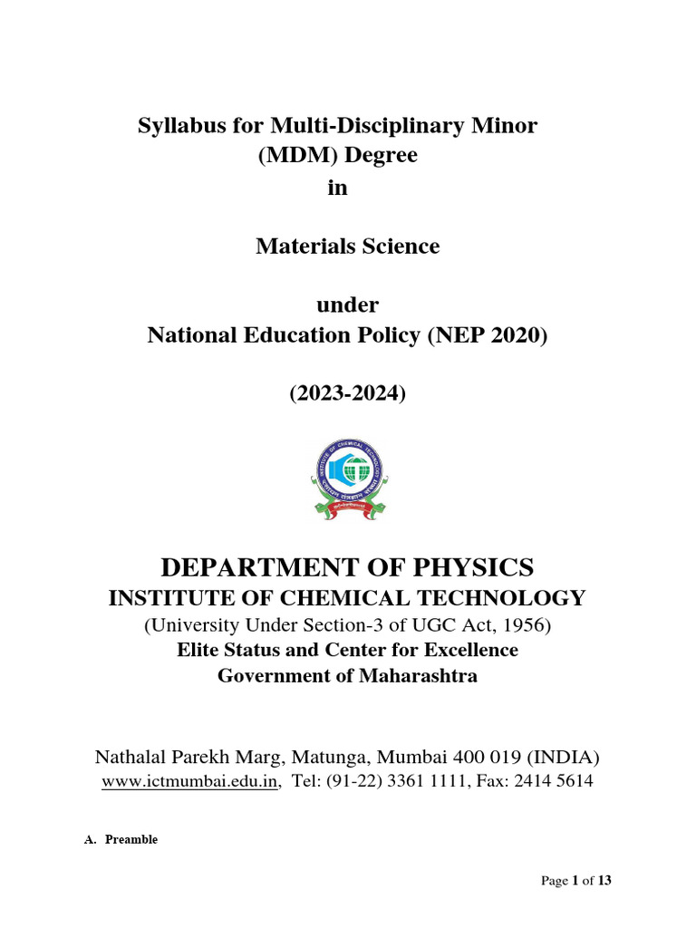 Multi-Disciplinary Minor (MDM) in Materials Science (2023-2024) Physics | PDF | Polymers | Solid ...